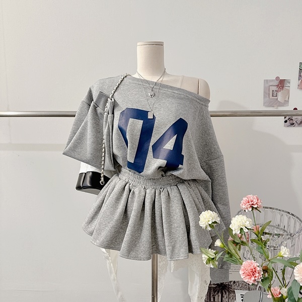 이프유마인 맨투맨스커트set꾸안꾸룩 가을 공사 레터링 프린팅 배색 오프숄더 언발 사선 오버핏 긴팔 롱 맨투맨 펀칭 레이스 밴딩 A라인 플레어 주름 플리츠 미니