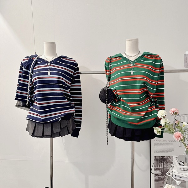 이프유마인 당일발송 Y2k하이틴유니크 가을 유유 단가라 스트라이프 배색 오버핏 슬림핏 브이넥 Pk 카라 벌룬 퍼프 레이어드 이너 무지 긴팔 크롭 롱 니트