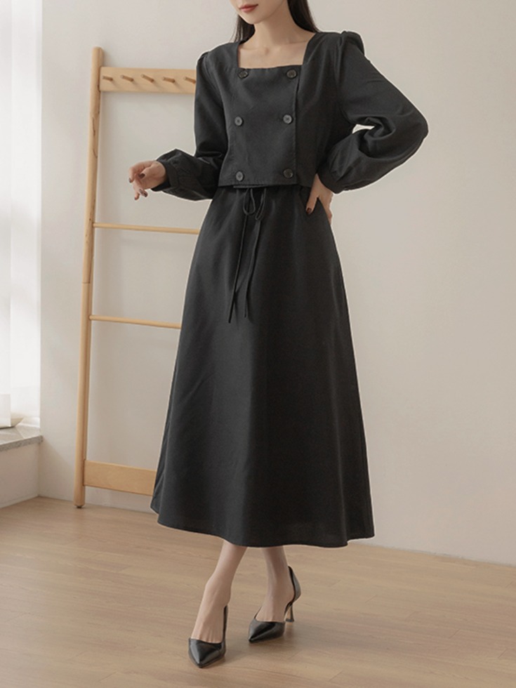 리리앤코 체드린즈 스퀘어넥 더블버튼 스트랩 롱 원피스 리리앤코 자체제작 120사이즈 가을 신상 A라인 플레어 투인원 바스락 가을옷 데일리룩 페미닌룩 하객룩 출근룩 통통녀