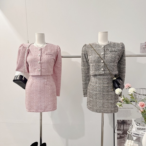 이프유마인 자켓스커트set페미닌 가을 루비 트위드 배색 라운드넥 진주 버튼 벌룬 퍼프 긴팔 크롭 숏 자켓 밴딩 하이웨스트 A라인 플레어 미니 스커트 투피스 세트