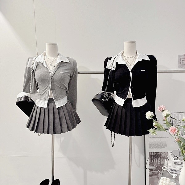 이프유마인 가디건스커트set페미닌 겨울 세리치 이중 배색 셔츠 카라 레이어드 이너 긴팔 크롭 니트 가디건 하이웨스트 A라인 플레어 주름 플리츠 미니 스커트 투피스