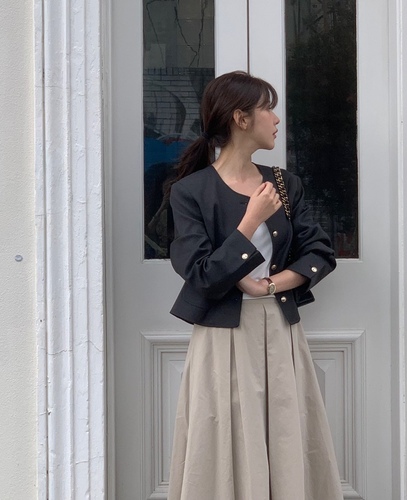 올마이탄 차콜, 블랙 / 베르가못 카렌 라운드 자켓 울 노카라 크롭 싱글 숏 jk (2col)