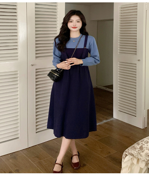 베이지하루 러블리 A라인 멜빵 니트 원피스 긴팔 미디원피스 플레어 프릴 스커트 편직 라운드넥 루즈핏 투톤 셋업 스티치 겨울 가을 드레스 롱원피스 캐주얼 올매치 20대 30대