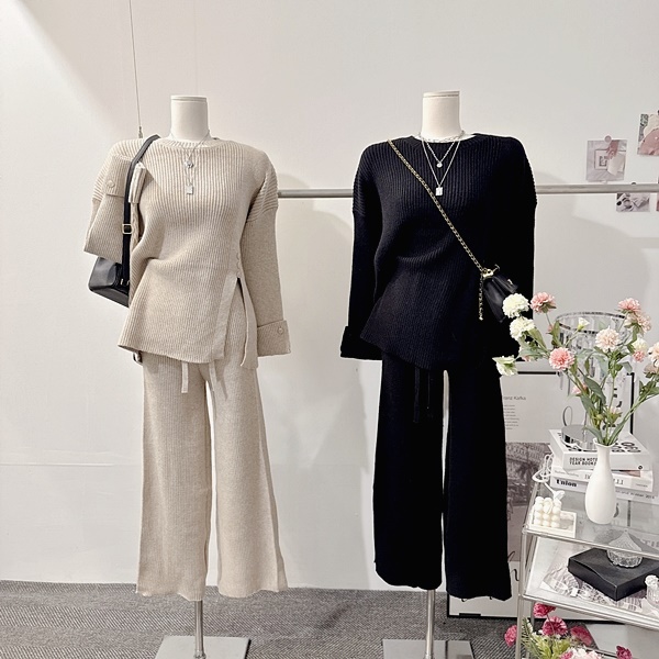 이프유마인 니트팬츠set꾸안꾸룩 봄 조인트 오버핏 슬림핏 라운드넥 버튼 언발 사선 트임 골지 긴팔 롱 니트 티셔츠 밴딩 와이드 팬츠 투피스 트레이닝 세트 2color