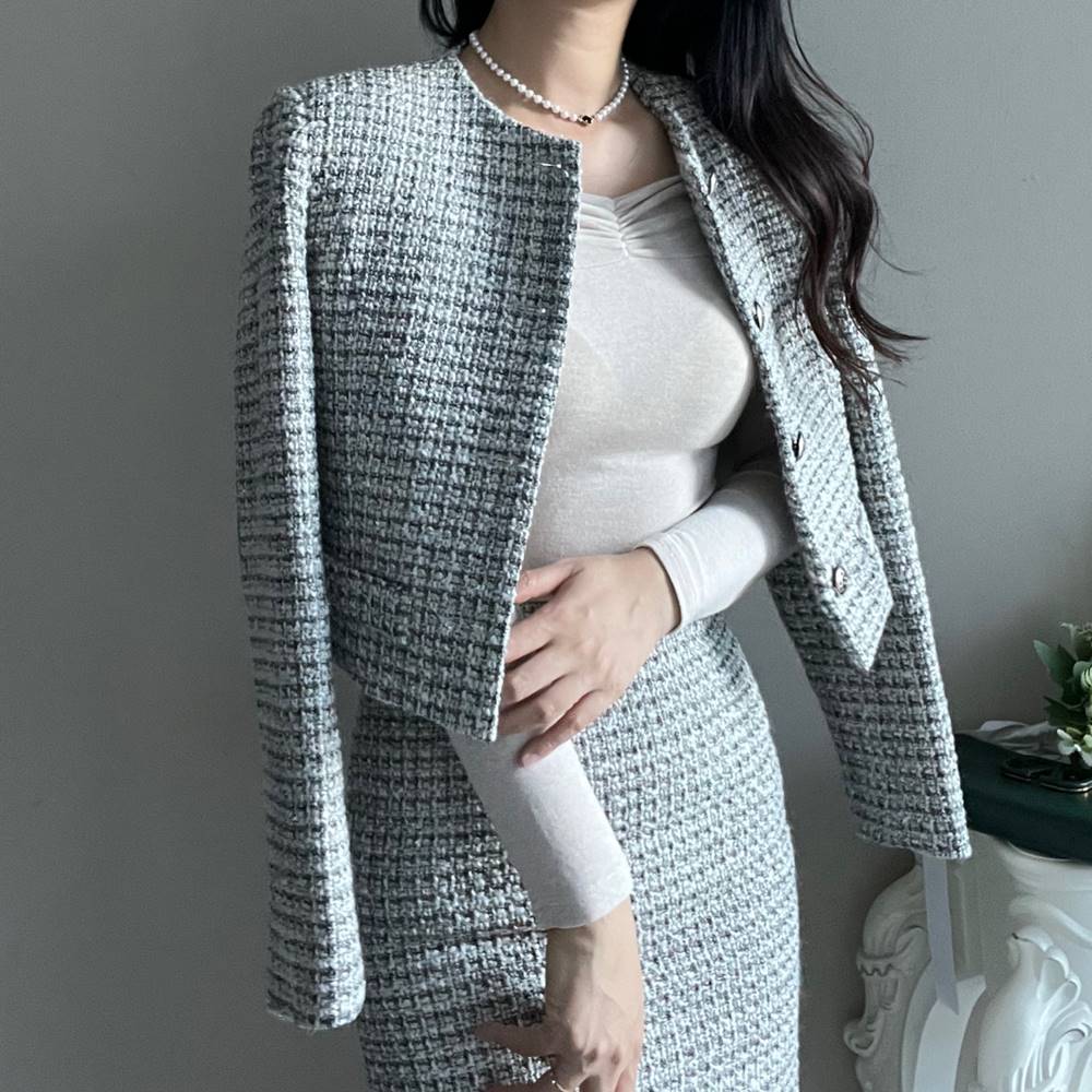 엘린무드 세트 배리 울 체크 트위드 고퀄 숏 긴팔 어깨패드 자켓 미디 롱 스커트 세트 가을 겨울 펄 투피스2color