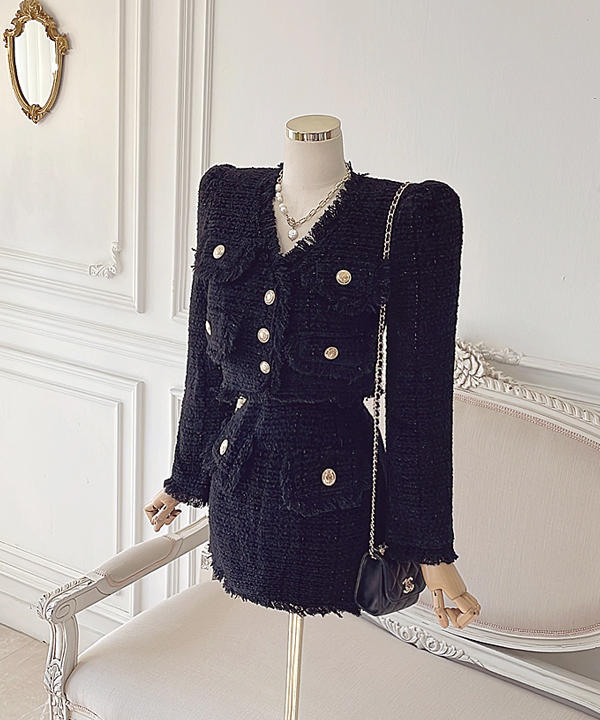 우아르 첼라 트위드 미니투피스 결혼식 하객룩 데이트룩 상견례룩 셀프웨딩 웨딩촬영 파티룩 브라이덜샤워 겨울옷 겨울원피스 니트투피스 셋업 니트원피스 크롭자켓 트위드자켓 트위드스커트