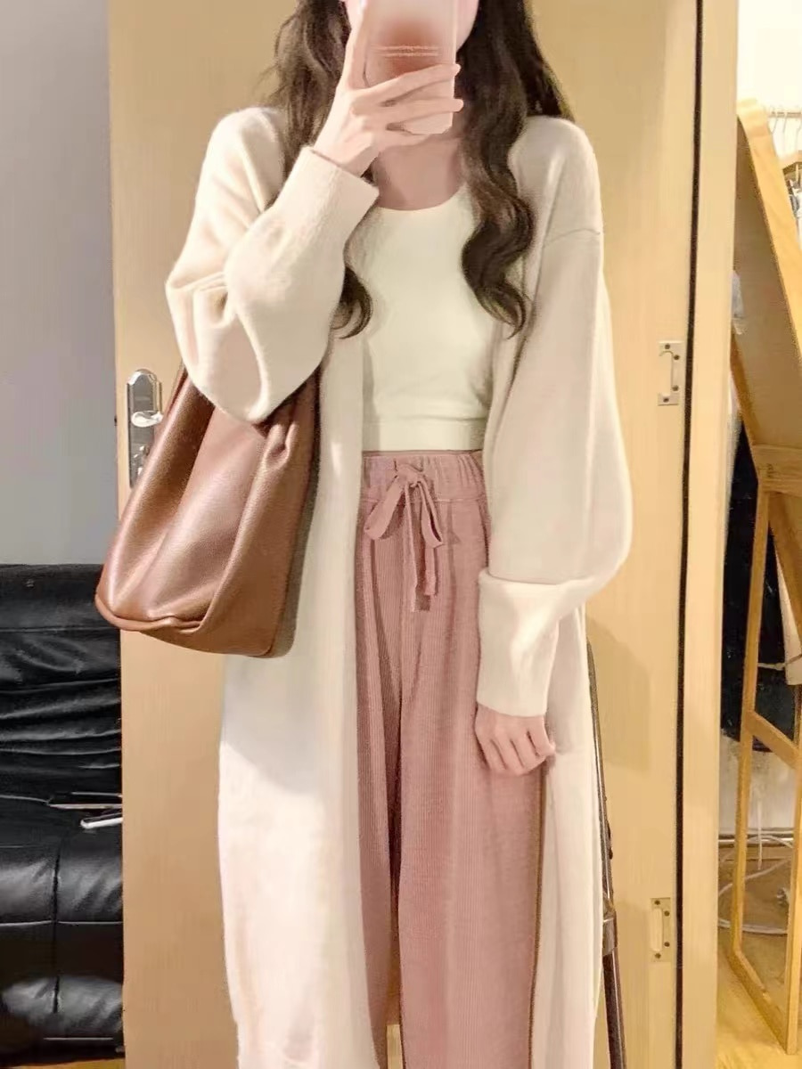 베이지하루 겨울 니트 롱가디건 브이넥 가디건노포켓 긴팔 러블리 양털 울 마이 오버핏 루즈핏 스트레이트 노르딕 퍼가디건 앙고라 외투 외출룩 나들이룩 가을 간절기 20대 30대 40대