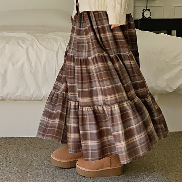 핫핑 코지무드🤎 3단캉캉군살쏘 옥 오브젠 캉캉 체크 기모 플레어 롱스커트44~100 겉기모스커트 캉캉스커트 롱치마 체크패턴 빅사이즈캉캉스커트 플레어스커트