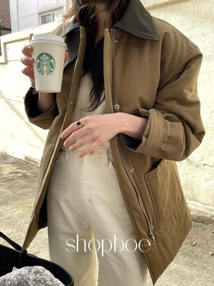 샵보애 bronze 브론즈 레더 배색 카라 싱글 버튼 집업 하프 누빔 야상 자켓 jk (2col)