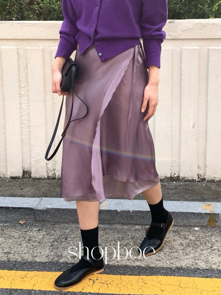 샵보애 deondo 드온도 글로우 실크 오간자 노방 레이어드 랩 미디 스커트 sk (2col)