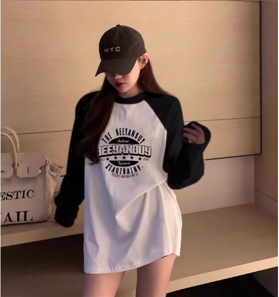 더블제이 24fw 신상 나그랑 긴팔 오버핏 티셔츠 코디/ 라운드 넥 블랙 소매 영문 레터링 프린트 루즈핏 긴소매 베이직 t-shirts/ 2color 화이트 그레이 컬러 ...