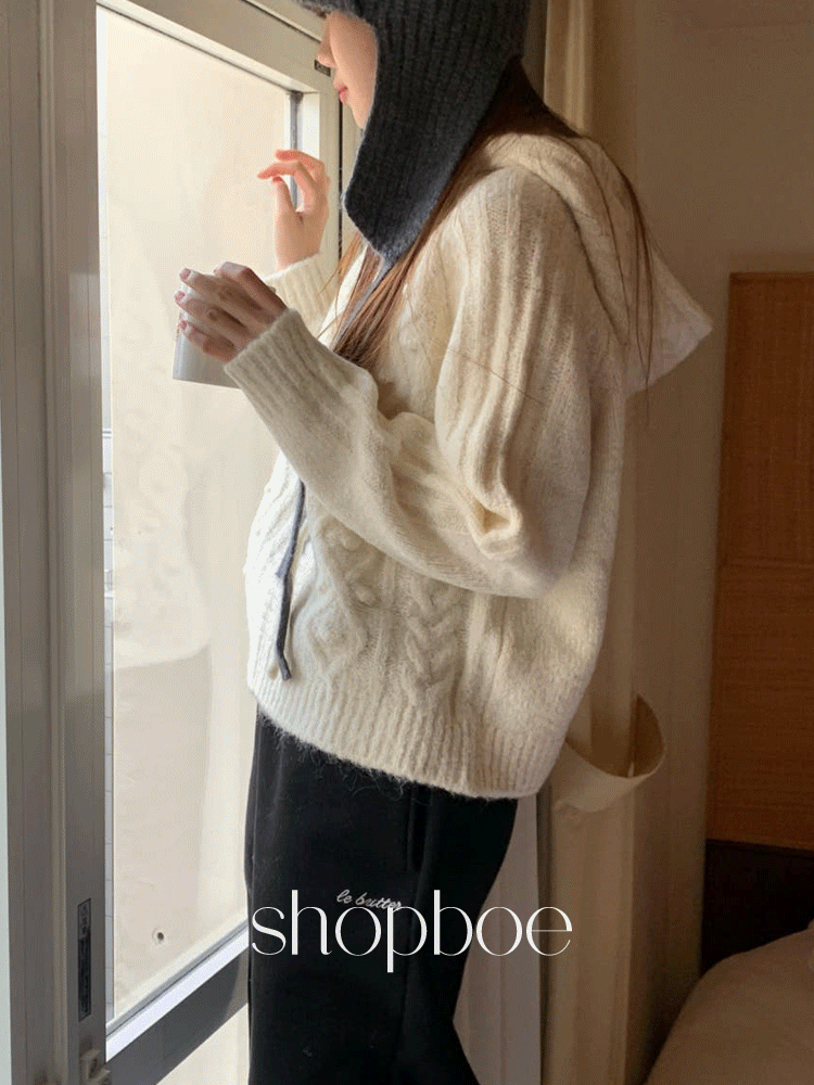 샵보애 LeButter 르버터 알파카 후드 니트 케이블 울 스트링 꽈배기 nt (2col)