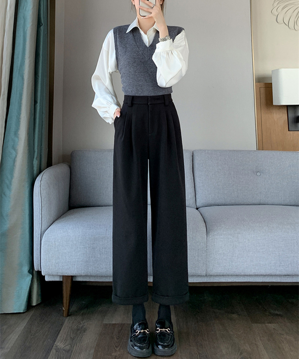 포앤바이앤 벨트포함융기모 핀턱 플란넬 슬랙스 하이웨스트 허리벨트 투턱 롤업 9부 일자 겨울 한파 따뜻한 두꺼운 기모 정장