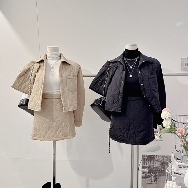 이프유마인 자켓스커트set페미닌 겨울 몬트 퀄팅 누빔 셔츠 카라 버튼 포켓 오버핏 슬림핏 긴팔 크롭 패딩 숏 자켓 A라인 플레어 미니 스커트 투피스 세트 4color