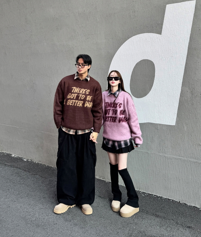 엄라이브 고퀄 5컬러세트가능앙고라 남녀공용 브러쉬 오버핏 겨울 니트 체크셔츠 포함 코디세트 커플룩 시밀러룩 데이트룩 퍼 레터링 골덴 코듀로이 롱팬츠 스커트