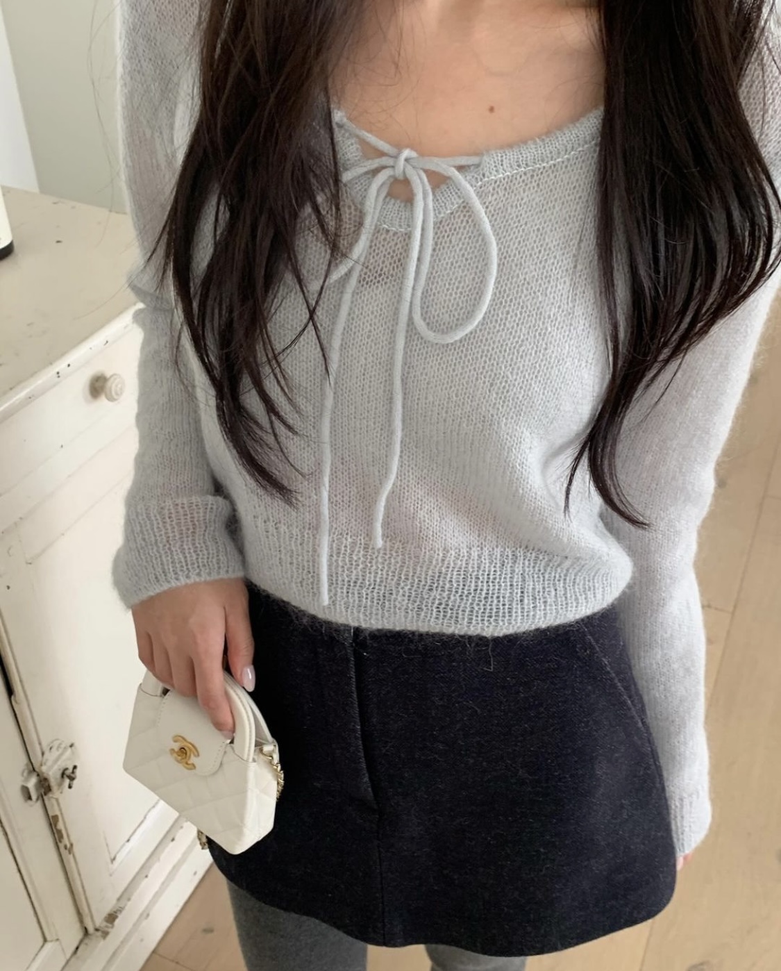 올마이탄 당일 / riette 리에뜨 벨리 니트 모헤어 울 긴팔 브이넥 스트링 리본 크롭 nt (2col)