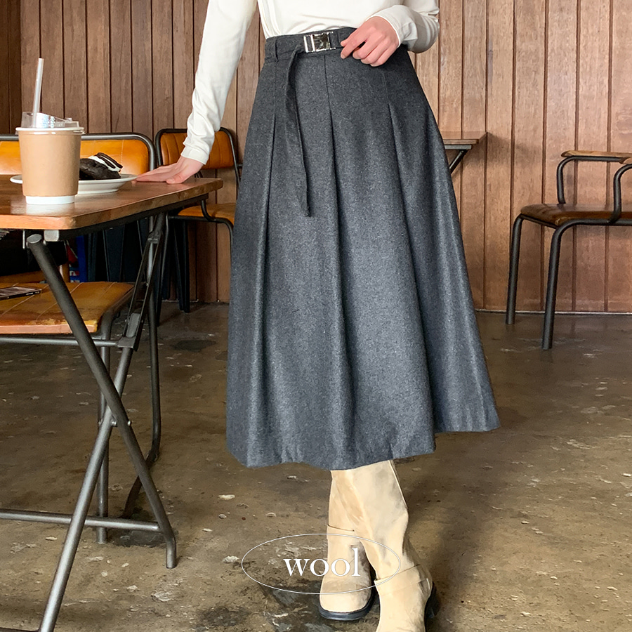 아더먼데이 울혼방💗미디롱 벨티드 플리츠 롱스커트 뒷밴딩 미디스커트 핀턱스커트 겨울치마 겨울신상 겨울하객룩 두꺼운 에이라인 플레어스커트 에이핏 여자겨울치마