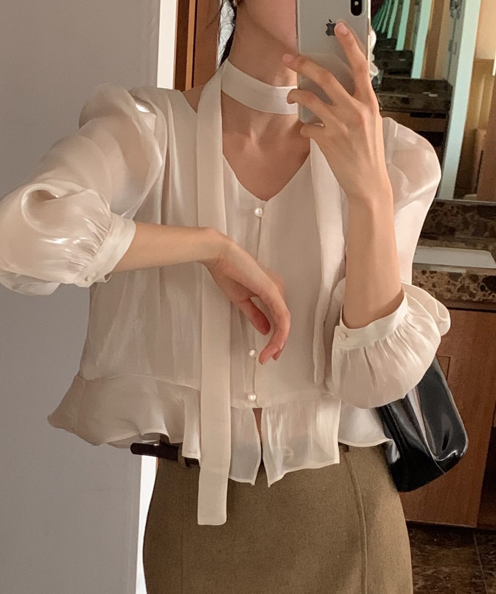 버나뎃 [당일 핑크]플러터 르마 타이 블라우스 (3col) flutter