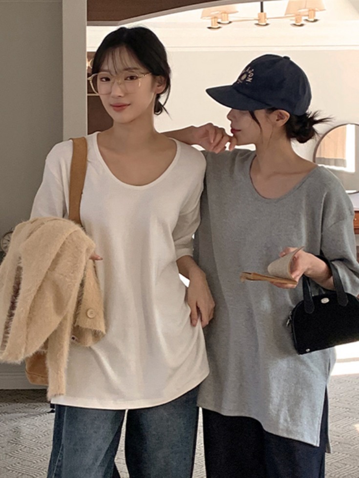 리리앤코 엘브엔 피치기모 스판 U넥 옆트임 반팔 티셔츠 빅사이즈 110사이즈 리리앤코 피치기모 스판 U넥 베이직 옆트임 반팔티 티셔츠 데일리룩 데이트룩 출근룩 오피스룩