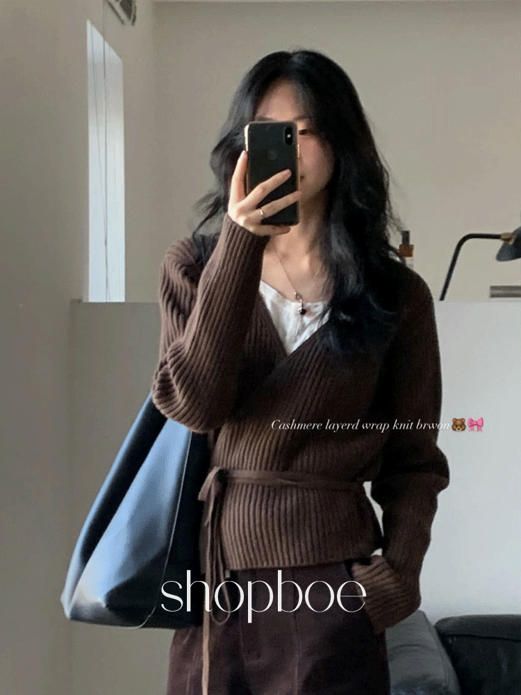 샵보애 (당일발송) haus 하우스 캐시미어 레이어드 랩 니트 울 브이넥 스트랩 골지 nt (2col)