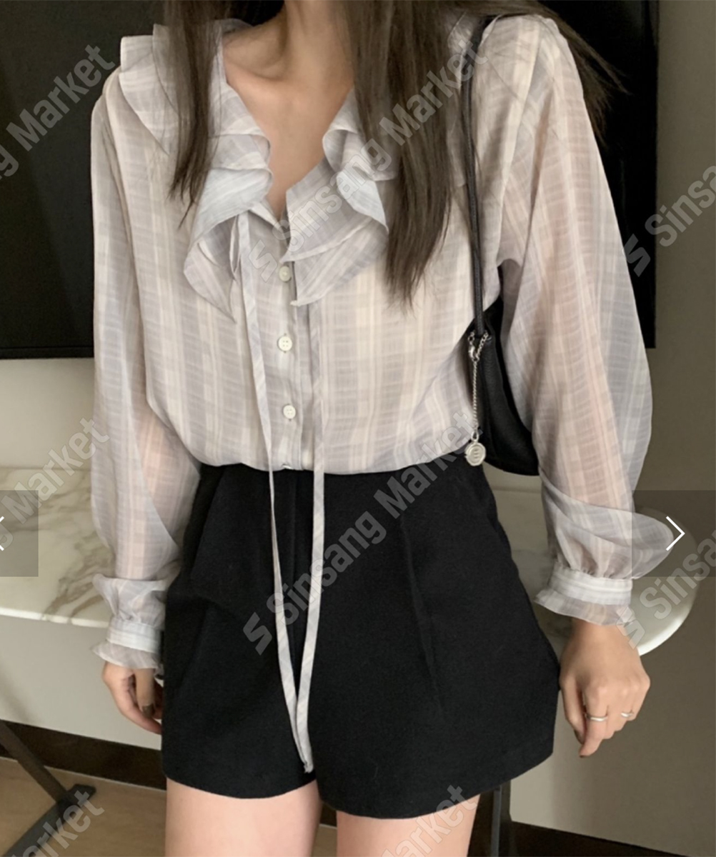 버나뎃 멜라운지 쉬폰 프릴 블라우스 (2col) mellounge