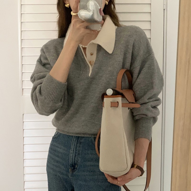 위켄드블루 러블리 배색 카라 니트 귀여운 데일리 베이직 기본템 꾸안꾸 여리 페미닌 여성스러운 모던 미니멀 심플 캐주얼 데이트 여친룩 청순