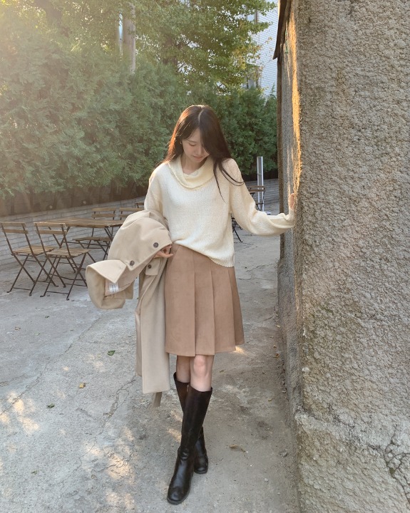 둥실코코 여유핏 로우웨스트 스웨이드 플리츠 스커트 겨울 밴딩 루즈핏 미디 플레어 카멜 핀턱 기모 H라인 A라인 주름 치마 베이지 그레이 블랙