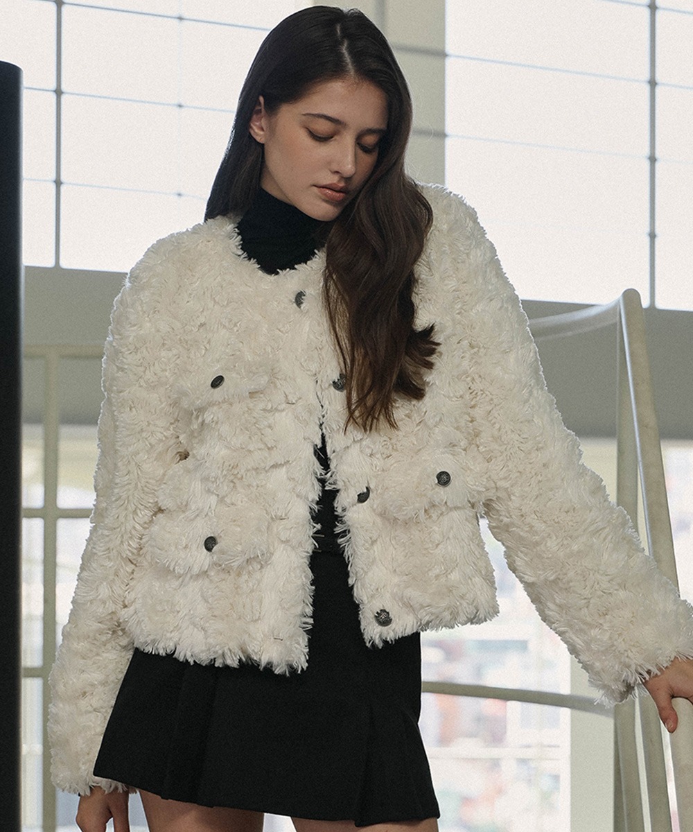 드헤베 Round Fur Tweed Jacket [Ivory]