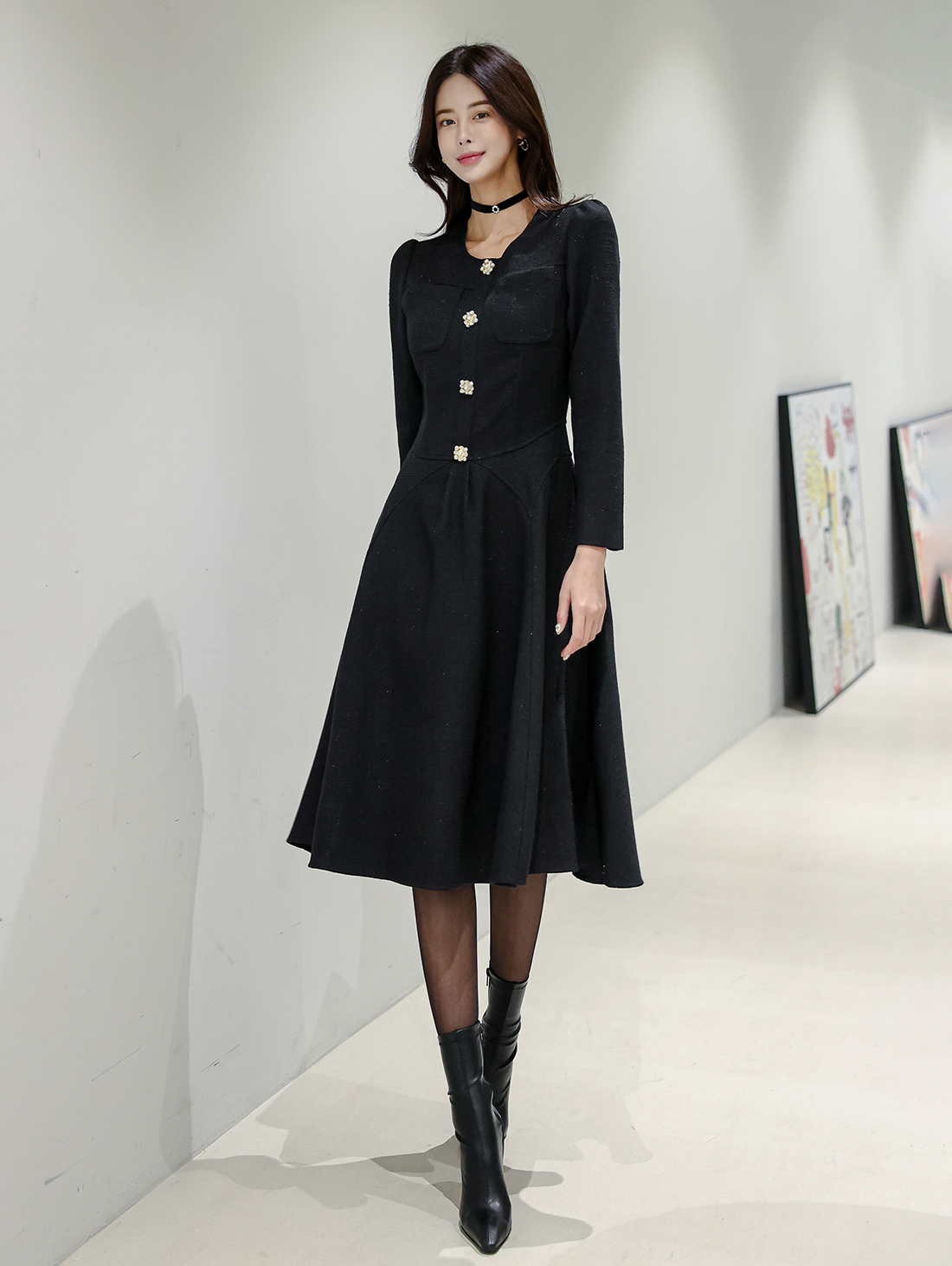 나인그랩 Vetone 진주 비즈 단추 울 트위드 플레어 롱 원피스 (2color,S.M,L,XL)