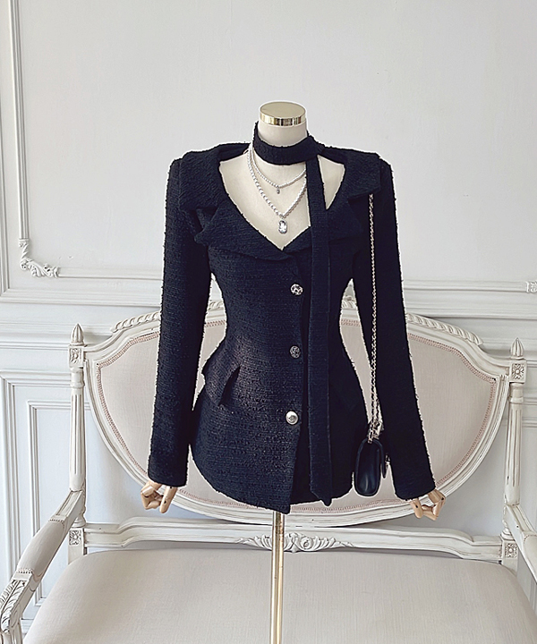 우아르 델모 트위드 미니원피스 결혼식 하객룩 데이트룩 상견례룩 셀프웨딩 웨딩촬영 파티룩 브라이덜샤워 겨울옷 겨울원피스 플레어원피스 연말룩 자켓원피스 머플러세트 트위드자켓