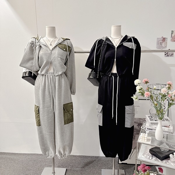 이프유마인 후드집업팬츠set꾸안꾸룩 겨울 보울 기모 투웨이 배색 포켓 스트링 오버핏 슬림핏 긴팔 크롭 후드 집업 밴딩 하이웨스트 카고 조거 팬츠 투피스 트레이닝