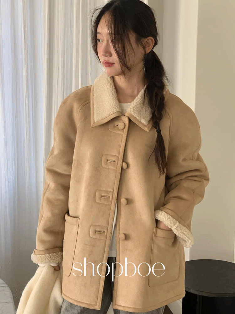 샵보애 jinsim 진심 안나 무스탕 양털 카라 스웨이드 포켓 싱글 하프 코트 ct