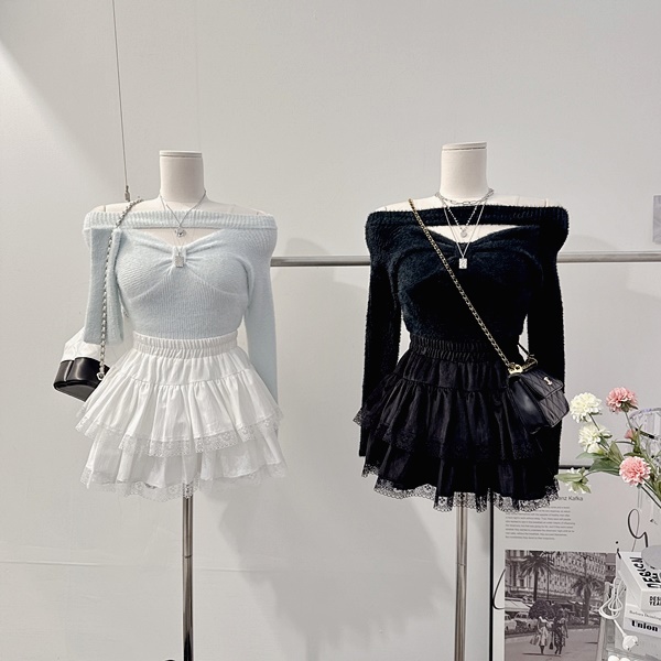 이프유마인 Y2k하이틴유니크 겨울 로베 섹시 글램 슬림 앙고라 밍크 퍼 리본 스트랩 라운드넥 오프숄더 밑단 굴림 언발 사선 무지 긴팔 크롭 니트 티셔츠 3color