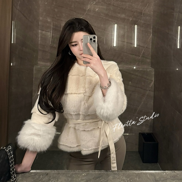 플로레타 당일배송 하이퀄리티 비건 숏 벨티드 밍크코트 허리잘록 퍼자켓 페이크퍼코트 에코퍼재킷