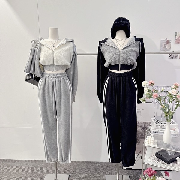 이프유마인 후드집업팬츠set꾸안꾸룩 봄 누누 기모 후리스 플리스 양털 뽀글이 퍼 트랙 라인 배색 오버핏 슬림핏 크롭 후드 집업 밴딩 조거 팬츠 투피스 트레이닝