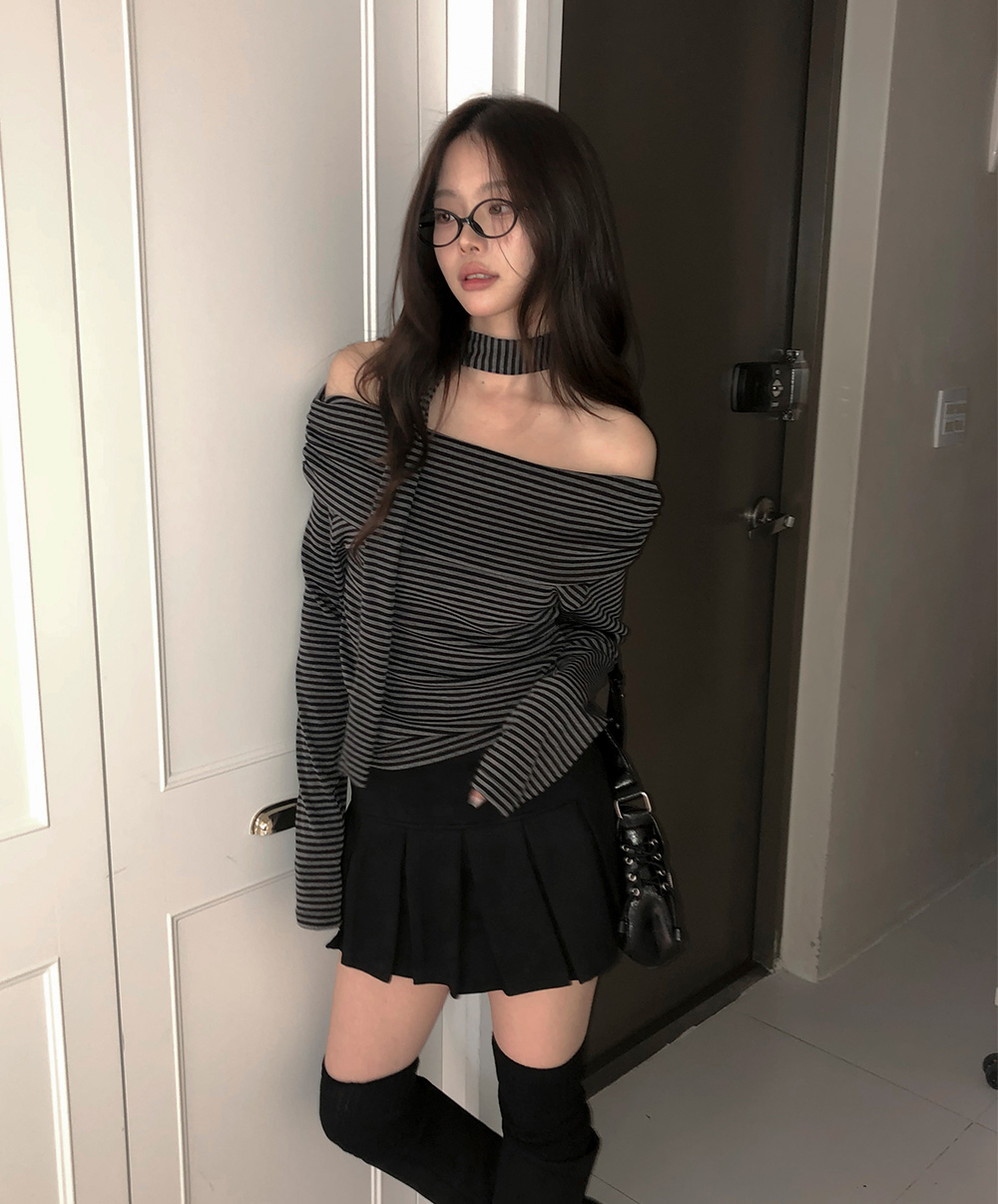 니어웨어 미피 스트라이프 오프숄더 티 (2color) - 머플러 set