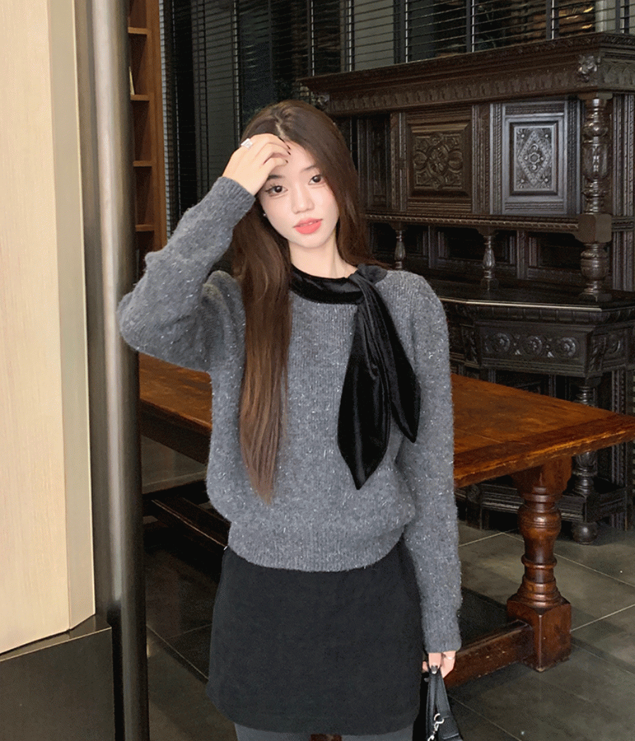 반하니 아르벨 ️벨벳 타이넥 베이직 니트 1color