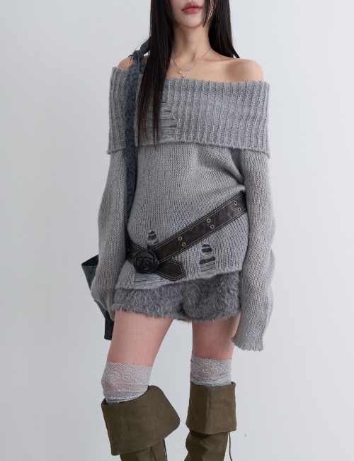 로웨어 fold shoulder damage knit