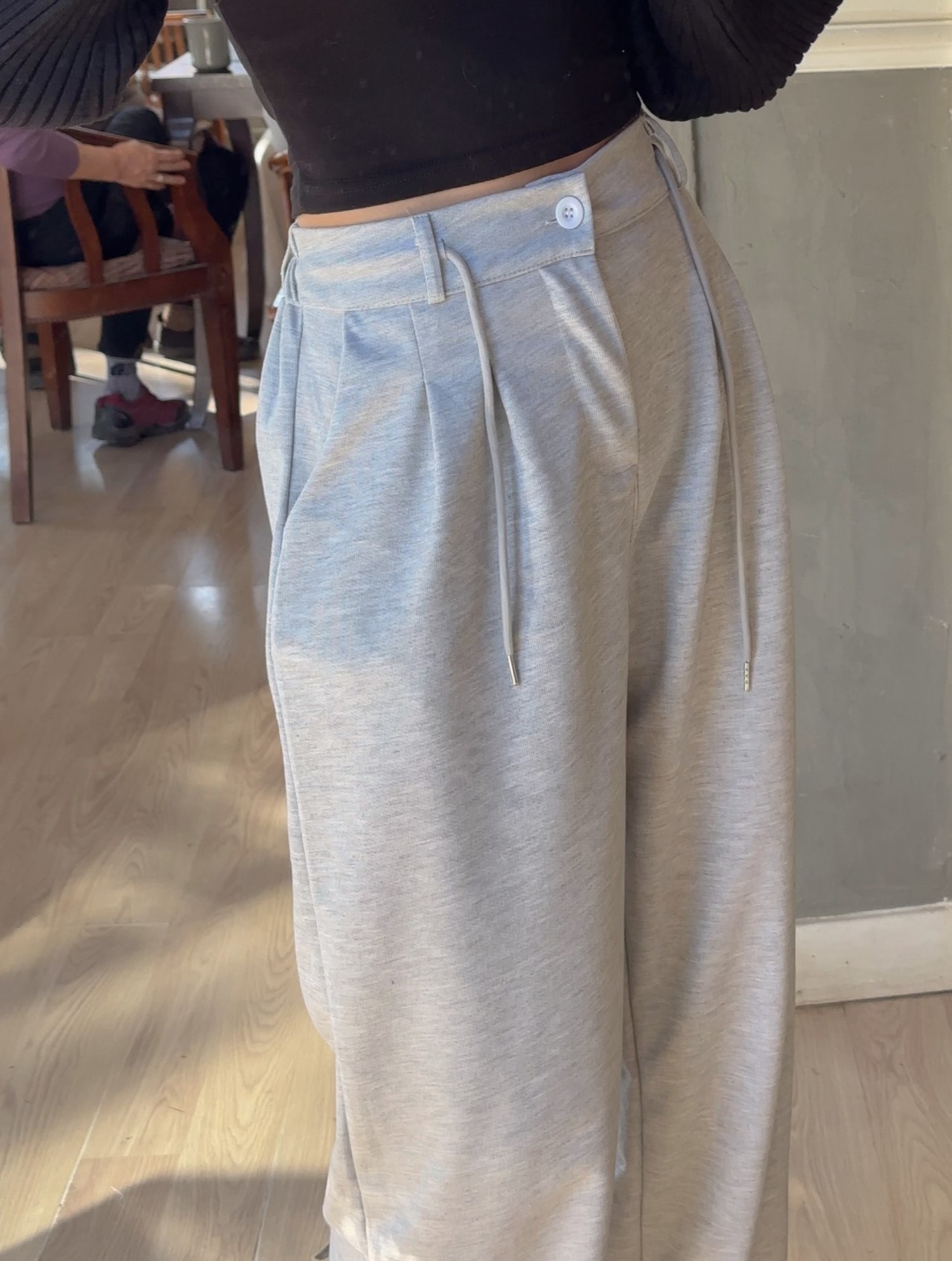 하프닌 치치 스트랩 끈 뒷밴딩 하이웨스트 핀턱 와이드 와이드핏 10부 통넓은 일자바지 와이드바지 캐주얼 데일리 Y2k 꾸안꾸 롱 팬츠