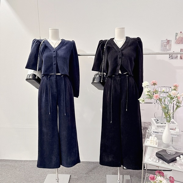 이프유마인 가디건팬츠set꾸안꾸룩 겨울 스텔라 골덴 코듀로이 콩단추 브이넥 벌룬 퍼프 긴팔 크롭 니트 가디건 하이웨스트 밴딩 와이드 팬츠 투피스 트레이닝 세트