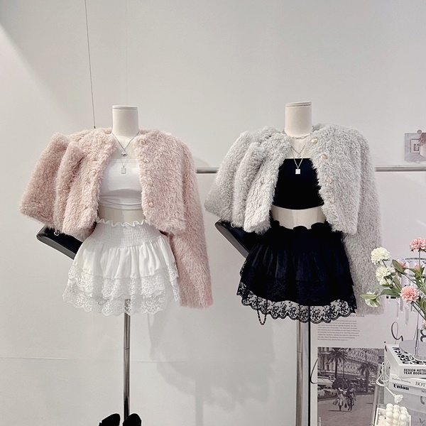 이프유마인 페미닌하객룩 봄 스노우 트위드 누빔 부클 양털 뽀글이 퍼 오버핏 슬림핏 라운드넥 금장 버튼 벌룬 퍼프 무지 긴팔 크롭 패딩 숏 자켓 2color