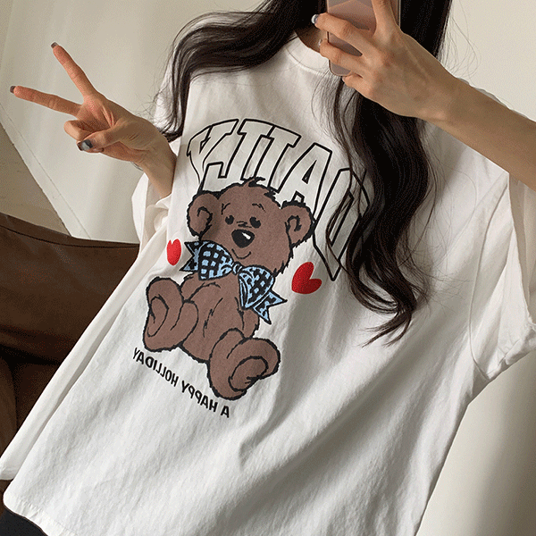 본지샵 [4XL] 샵리본 베어 피그먼트 오버핏 반팔 티셔츠 -t (빅사이즈,남녀공용,박시핏,통통,88-99,힙한,스트릿,귀여운,곰돌이) [무료배송]