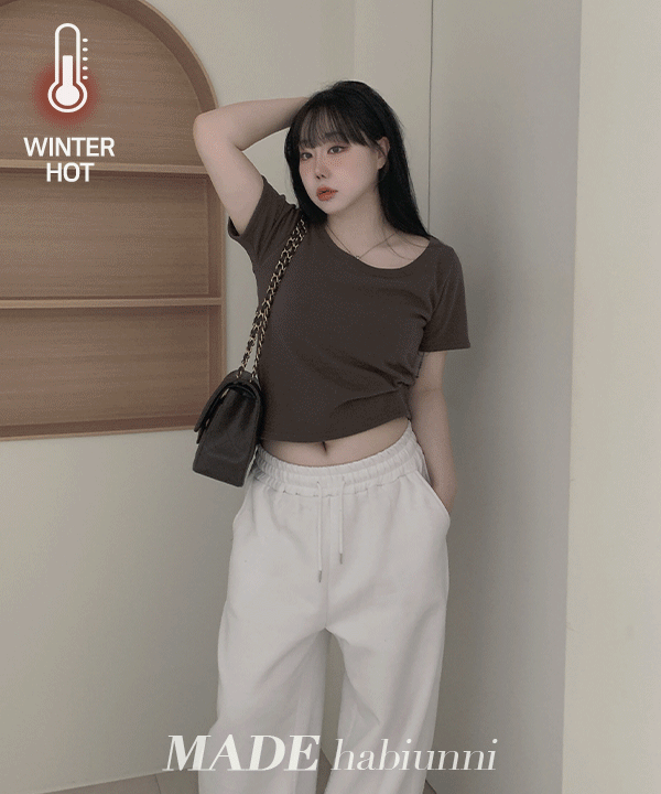 하비언니 MADE #13011 [밍크안감] 데일리 U넥 도톰 밍크퍼 베이직 융기모 크롭 반팔t : 4color