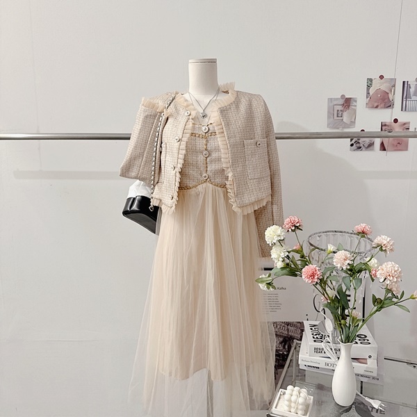 이프유마인 자켓원피스set페미닌 겨울 발레리나 트위드 버튼 포켓 노카라 긴팔 크롭 숏 자켓 쉬폰 시스루 A라인 플레어 주름 플리츠 머메이드 슬립 뷔스티에 나시 롱