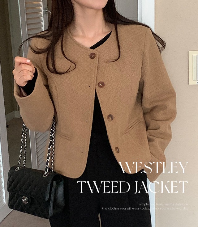 삐뽕언니 세련된소재and단추💖 웨슬리 트위드 자켓2color 긴팔 노카라 트윌 세미크롭 라운드넥 하프자켓 숏코트 허리잘록 프린세스절개 금장버튼