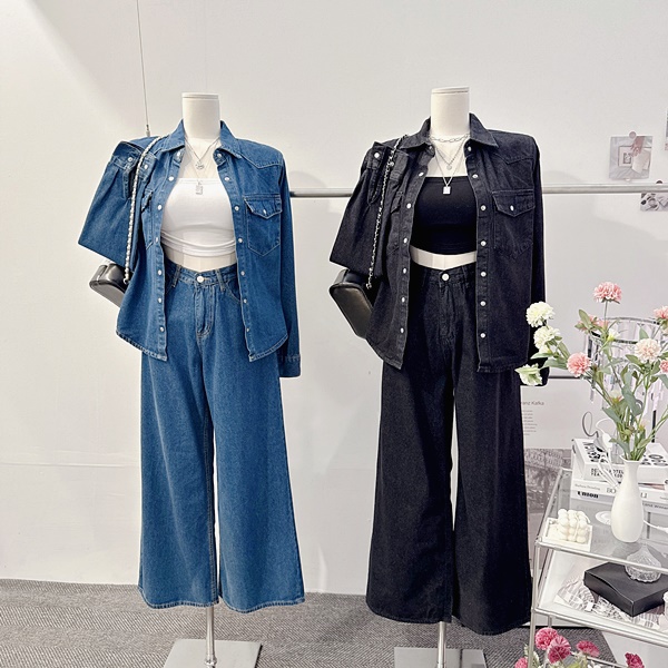 이프유마인 셔츠팬츠set페미닌 봄 폴딩 Y2k 하이틴 데님 청 카라 포켓 또또 버튼 오버핏 슬림핏 긴팔 롱 셔츠 블라우스 자켓 하이웨스트 롱 와이드 팬츠 투피스
