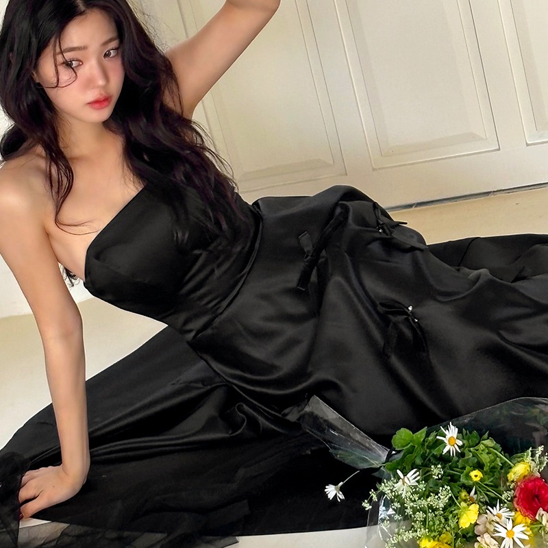 비치팜 선셋 리본 블랙 웨딩 드레스 스카프 세트