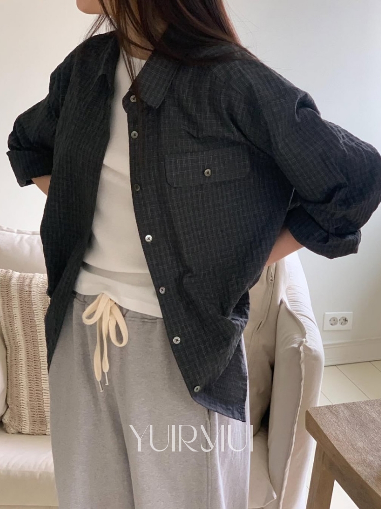 유이르무이 [네이비 당일] JINSIM 진심 모스 체크 포켓 오버핏 남방 셔츠 3color