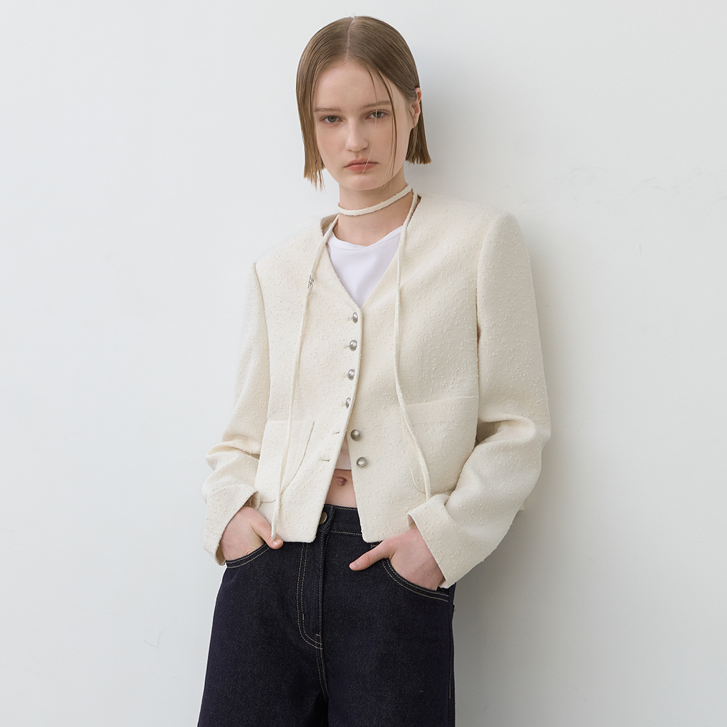 아틀리에나인 (JK-3005)TWEED STRING V-NECK CROP JACKET