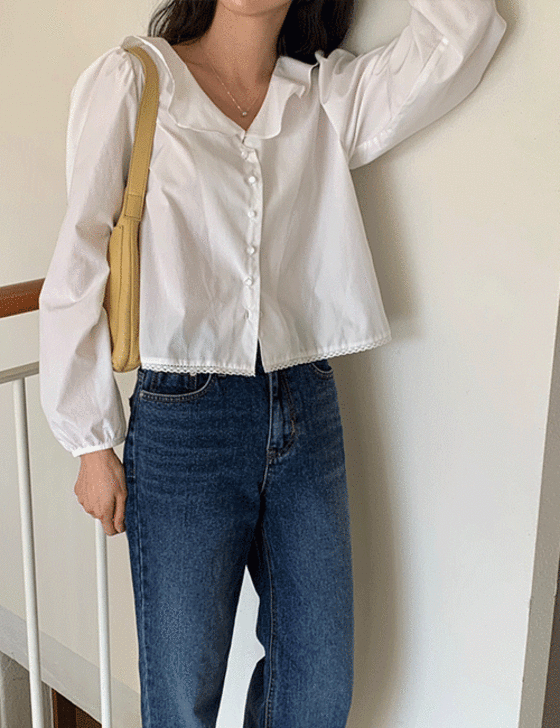 라이크유 클로버 프릴 카라 세미크롭 블라우스 (BL) - 2color